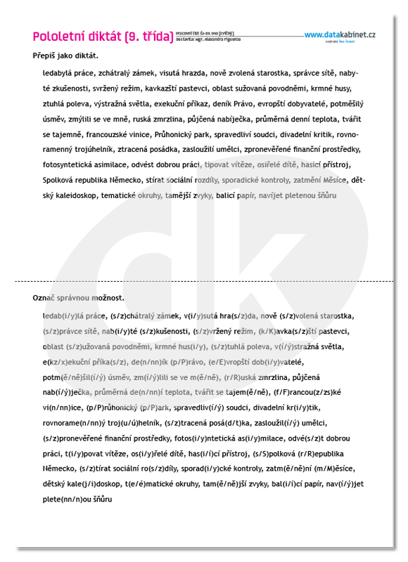 Pololetní diktát (9. třída) | datakabinet.cz