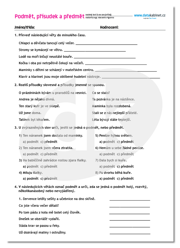 Podmět, přísudek a předmět | datakabinet.cz