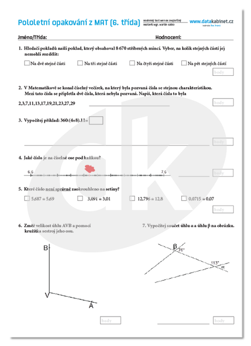 Pololetní opakování z MAT (6. třída) | datakabinet.cz
