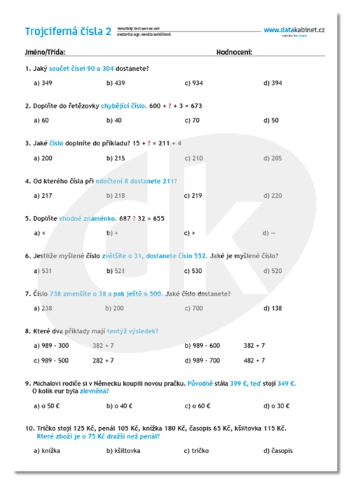 Trojciferná čísla 2 - test | datakabinet.cz