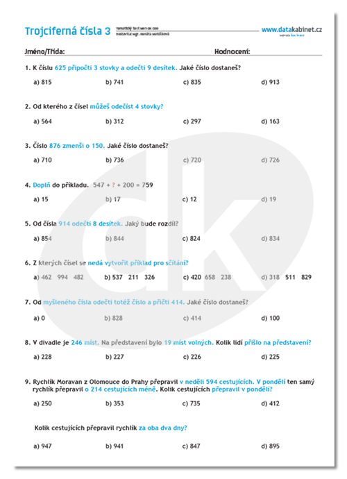Trojciferná čísla 3 - test | datakabinet.cz